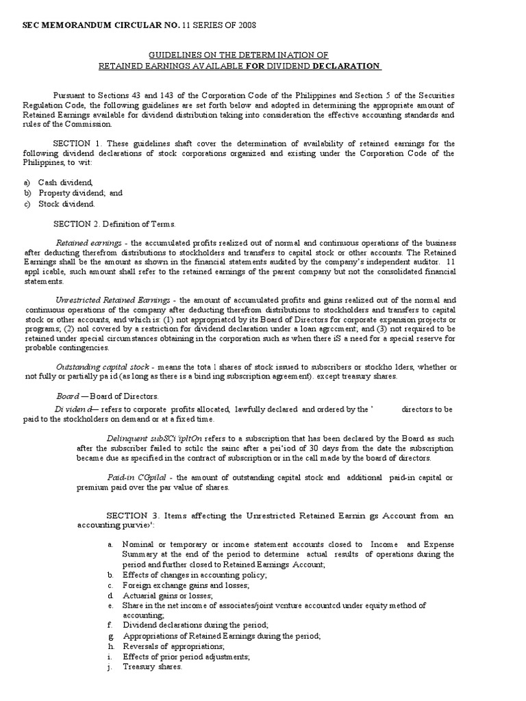 Sec Memorandum Circular No. 11 Series of 2008 | PDF | Retained Earnings | Treasury Stock