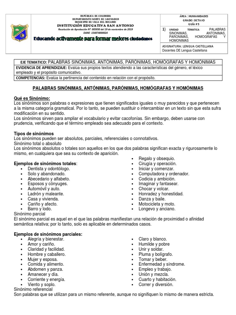 Palabras Sinónimas y Antónimas | PDF | Idiomas