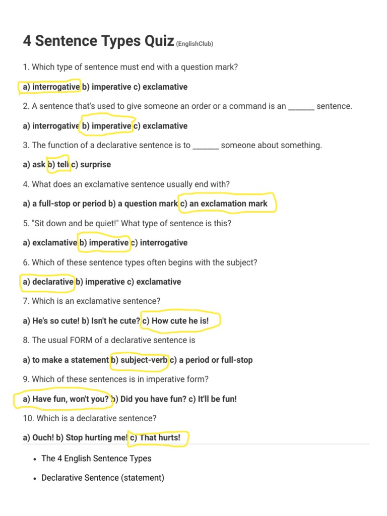 4 Sentence Types Quiz | PDF