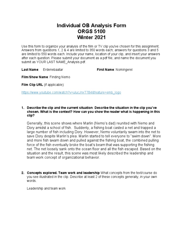 Individual OB Analysis Form ORGS 5100 Winter 2021 | PDF | Human Nature