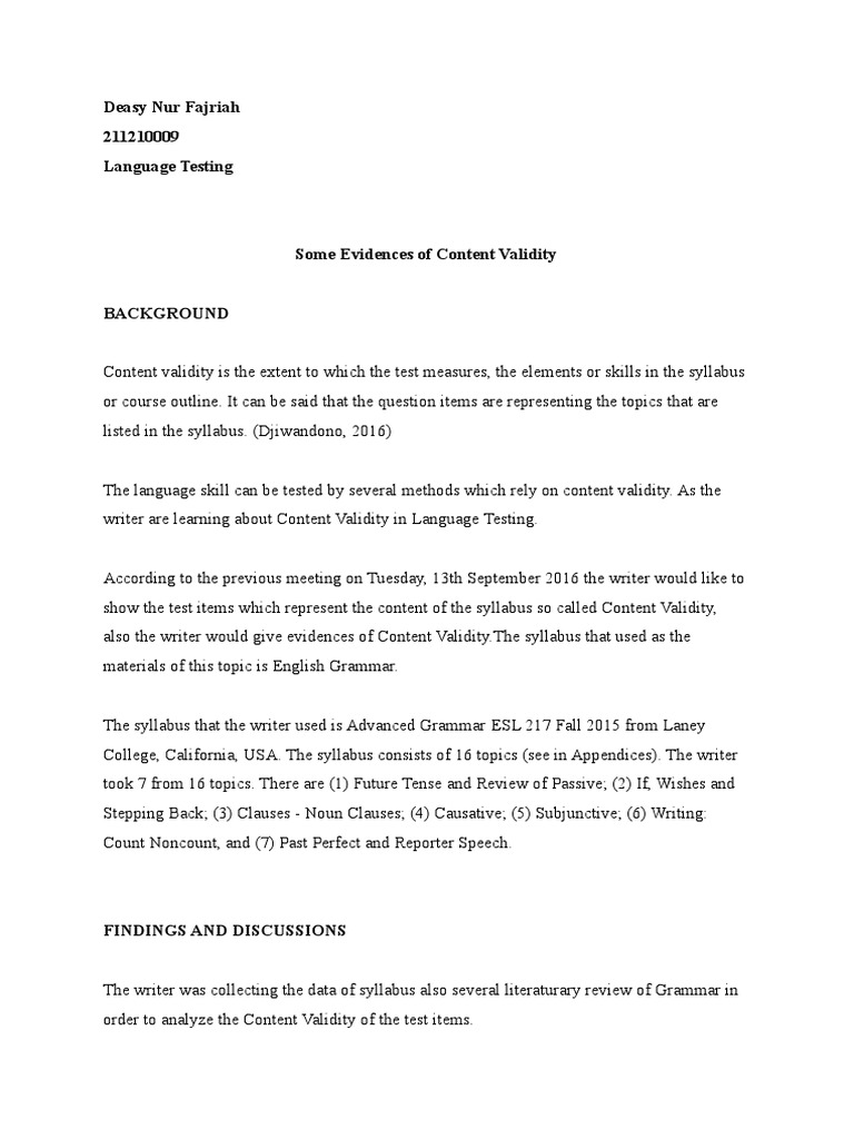 LANGUAGE TESTING - Applying Content Validity in Language Testing | PDF ...