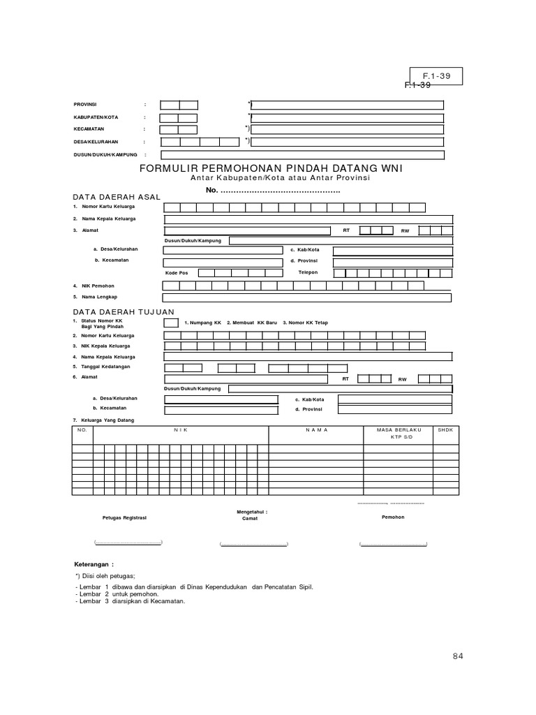 Formulir Permohonan Pindah Datang Wni: Antar Kabupaten/Kota Atau Antar Provinsi Data Daerah Asal ...
