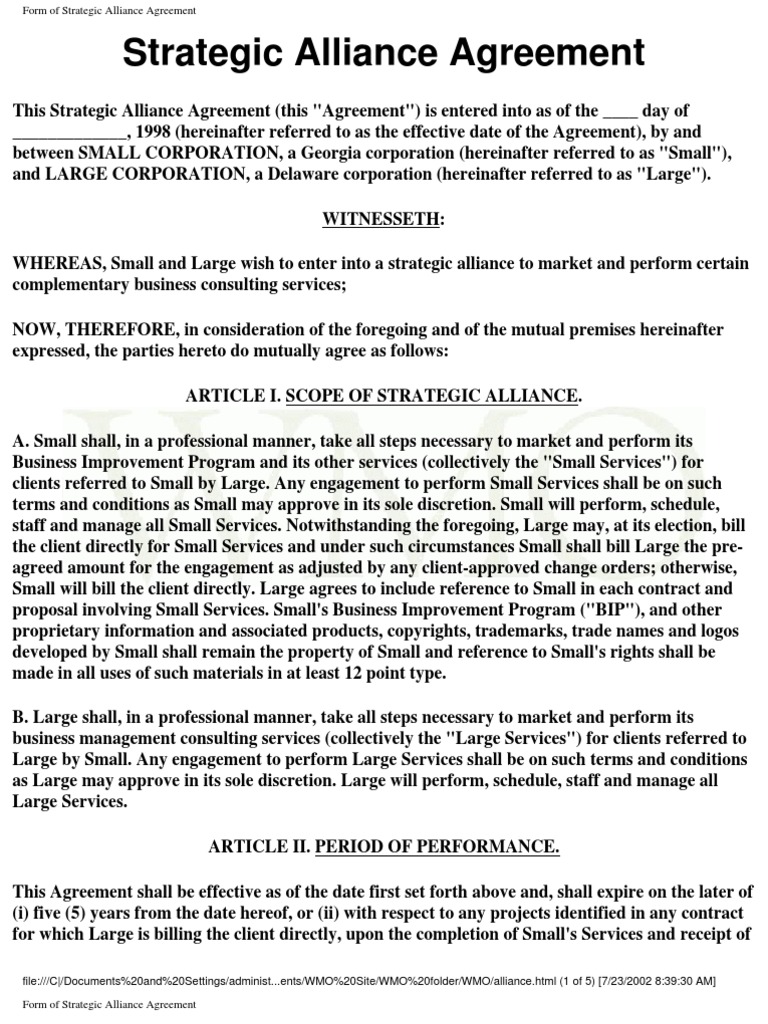 Form of Strategic Alliance Agreement | PDF | Indemnity | Partnership