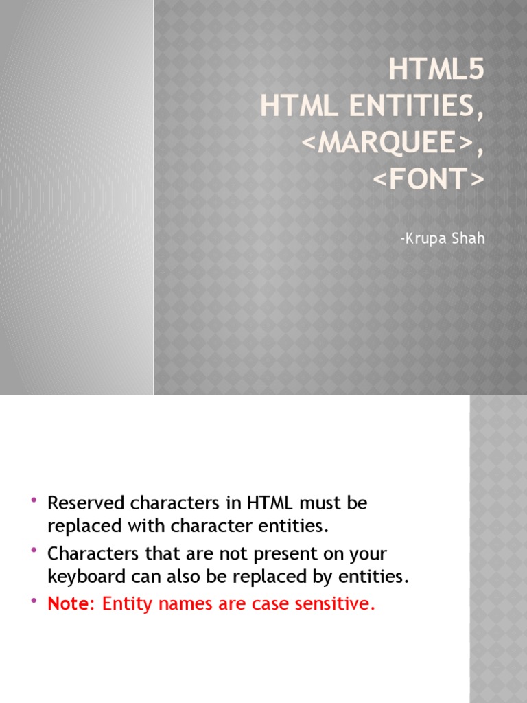 Html5 HTML Entities,, : - Krupa Shah | PDF | Html Element | Html