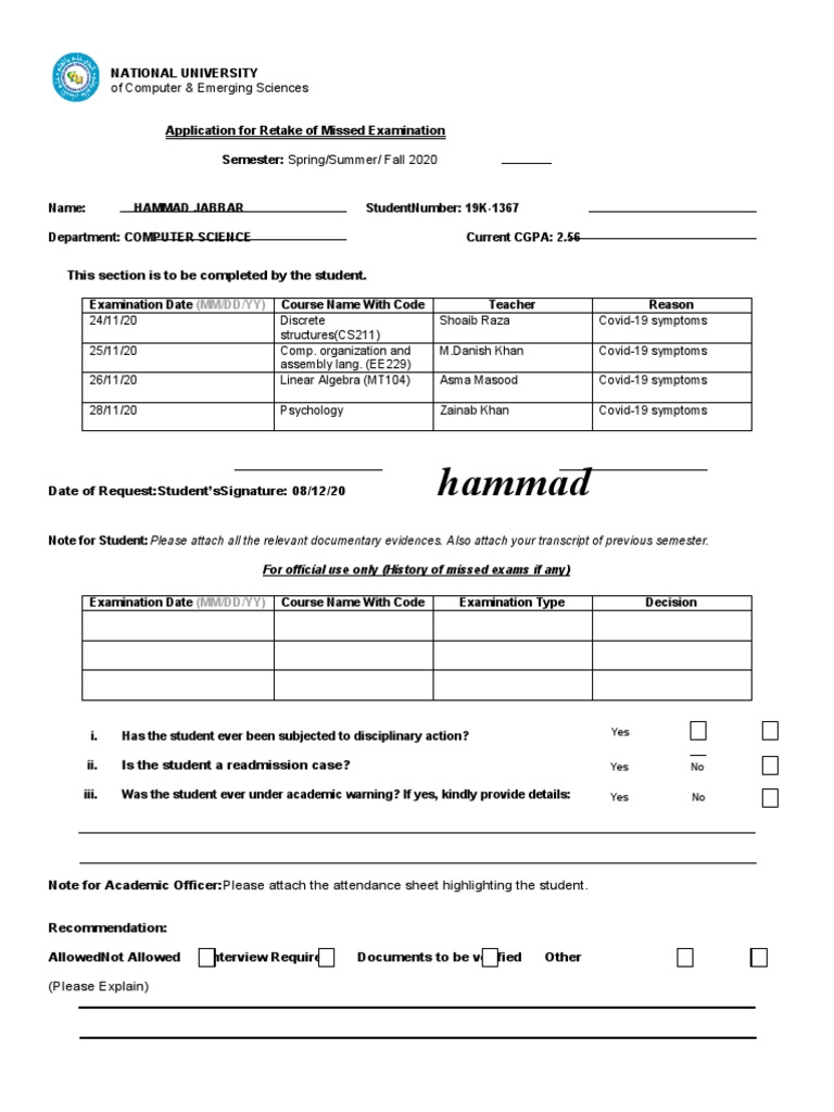 Application For Retake of Missed Examination | PDF
