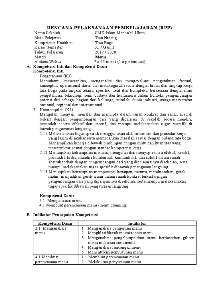 RPP KD 1 Menu | PDF