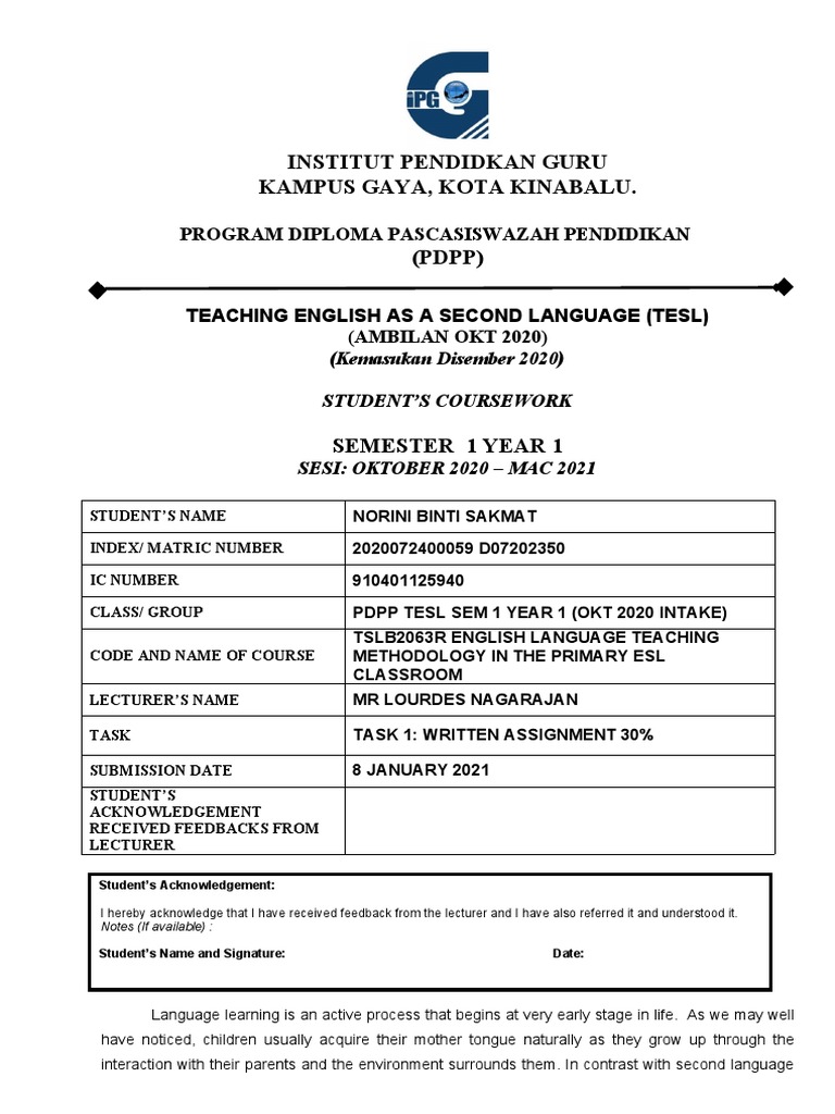 Coursework Front Cover Task 1 | PDF | Language Education | Behaviorism
