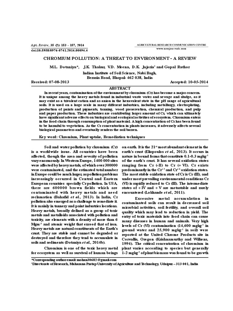 Chromium Pollution: A Threat to the Environment and its Uptake and ...