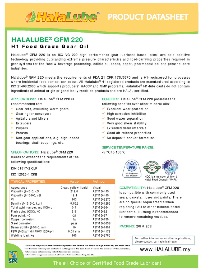 Halalube GFM 220: H1 Food Grade Gear Oil | PDF | Viscosity | Mechanical ...