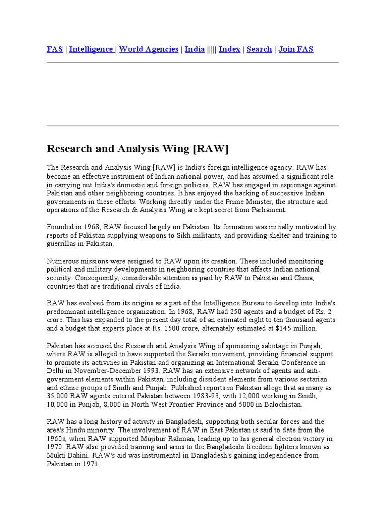 Research and Analysis Wing (RAW) : FAS Intelligence World Agencies ...