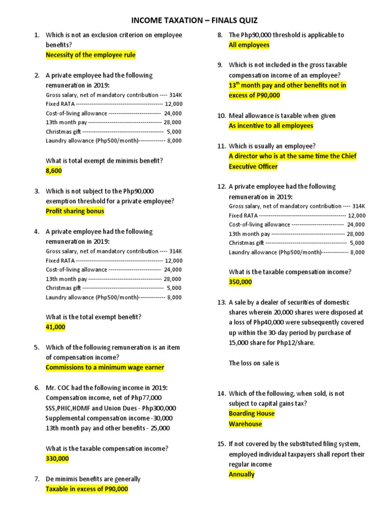 Income Taxation Finals Quiz | PDF | Gross Income | Tax Deduction