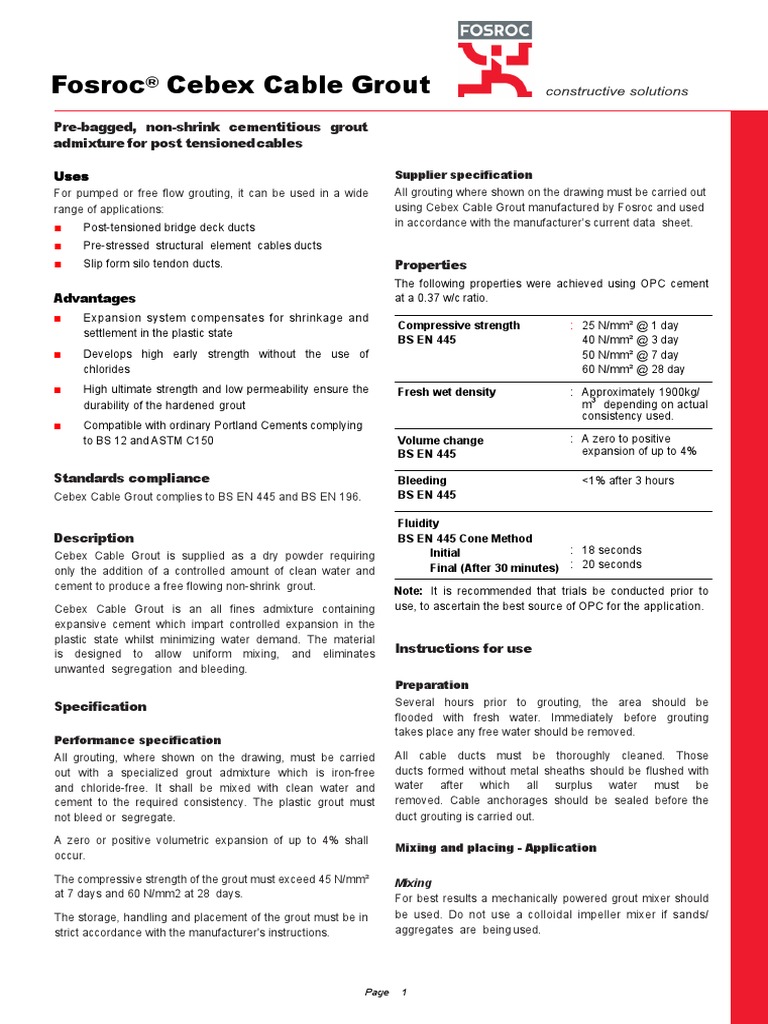 Fosroc Cebex Cable Grout: Pre-Bagged, Non-Shrink Cementitious Grout ...