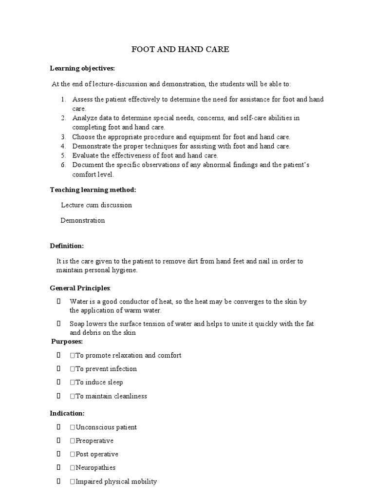 Foot and Hand Care: Learning Objectives | PDF | Hygiene | Nail (Anatomy)