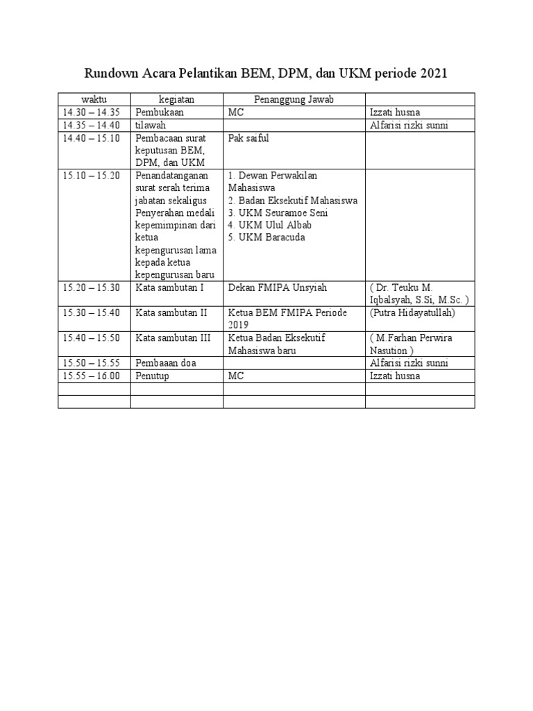 Rundown Pelantikan BEM dan UKM 2021 | PDF
