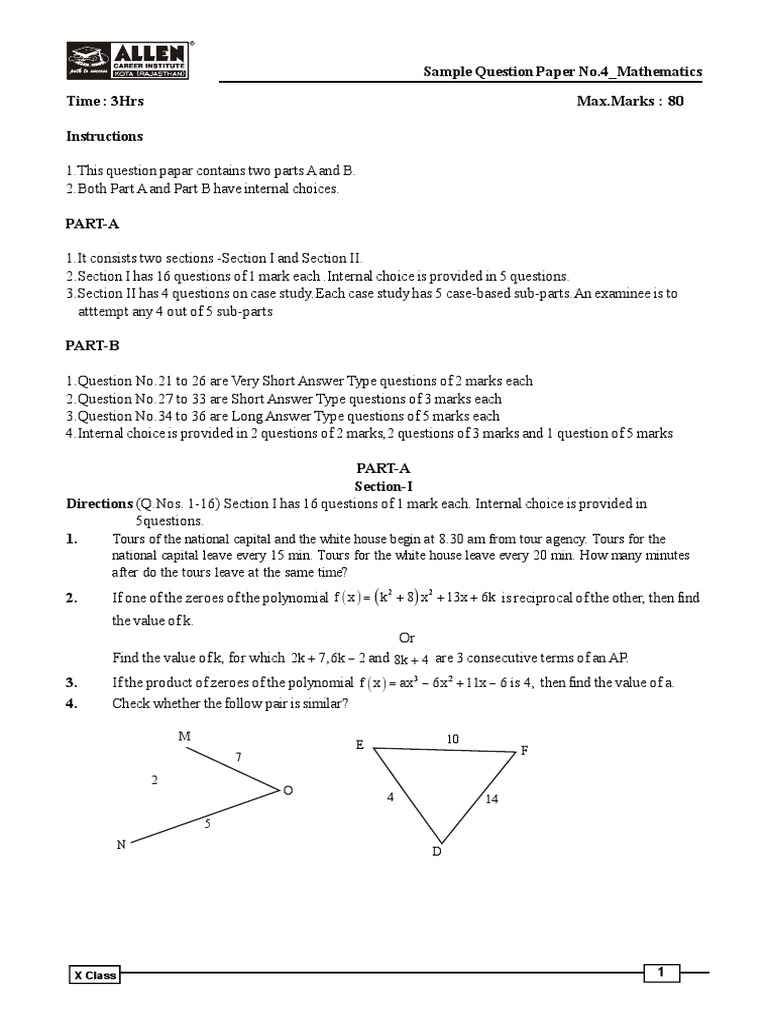 Sample Question Paper No.4 - Mathematics Time: 3Hrs Max - Marks: 80 ...