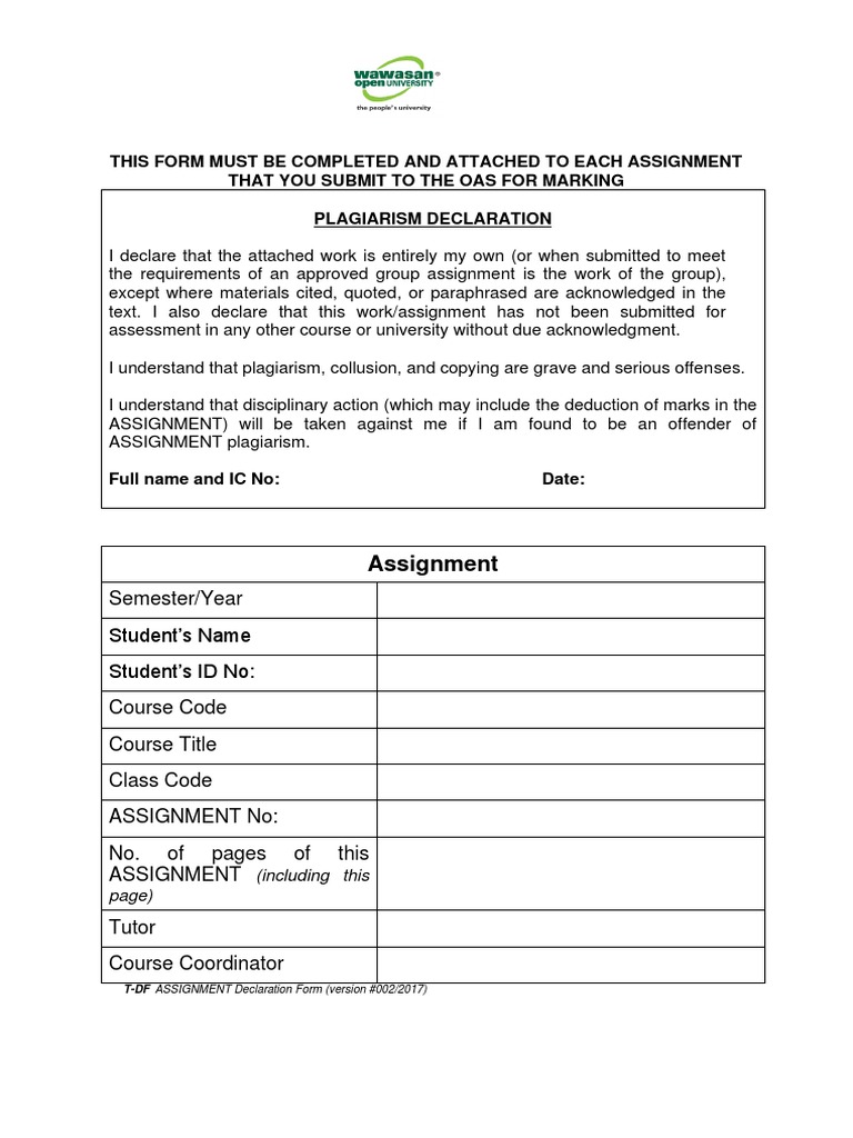 This Form Must Be Completed and Attached To Each Assignment That You ...
