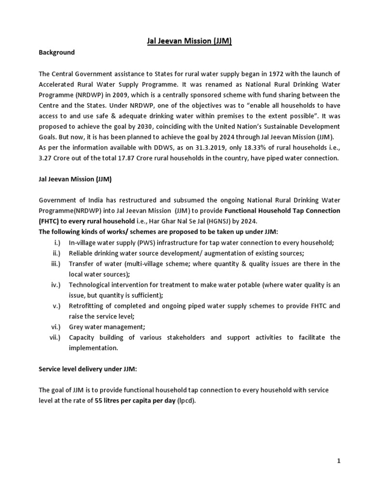 Jal Jeevan Mission (JJM) : Background | PDF | Drinking Water | Water Supply