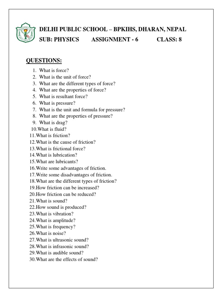 Class 8 Physics: Force and Pressure Assignment | PDF