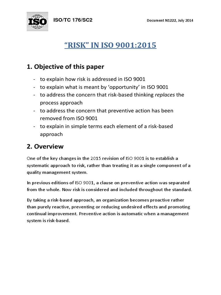 "RISK" IN ISO 9001:2015: 1. Objective of This Paper | PDF | Iso 9000 | Risk