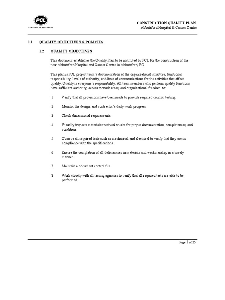 Abbotsford Hospital Quality Control Plan | PDF | Specification ...