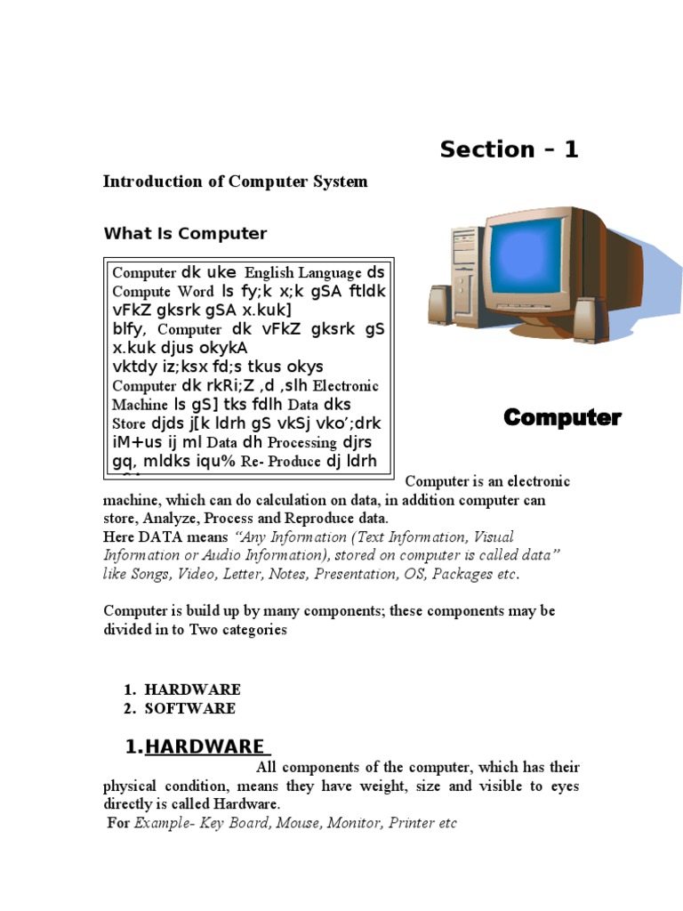 Section - 1: Introduction of Computer System | PDF | Computer Hardware | Operating System