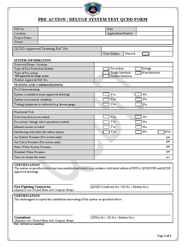 Pre-Action Deluge System Test QCDD Form | PDF | Safety | Equipment