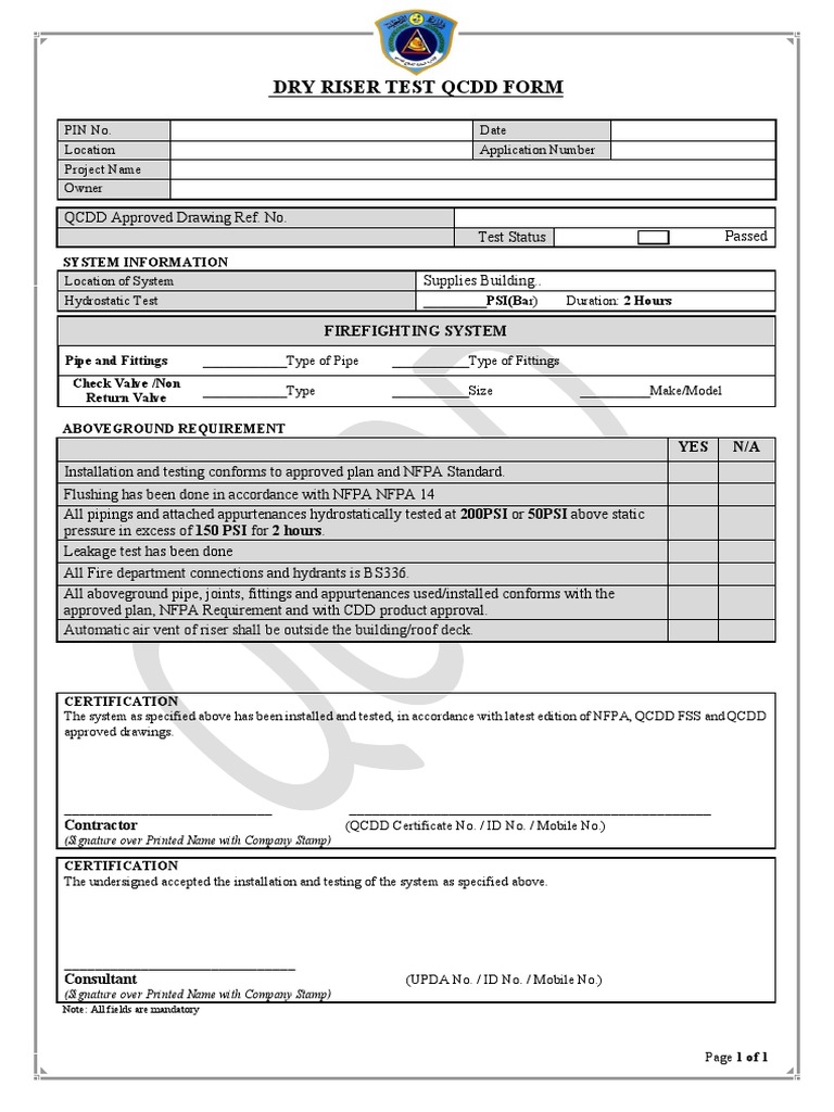 Dry Riser Test QCDD Form | PDF | Pipe (Fluid Conveyance) | Home Appliance