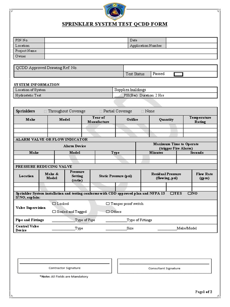 Sprinkler System Test QCDD Form | PDF | Fire Sprinkler System | Valve