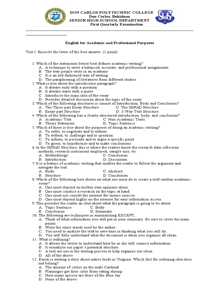 Exam and TOS For EAPP | PDF
