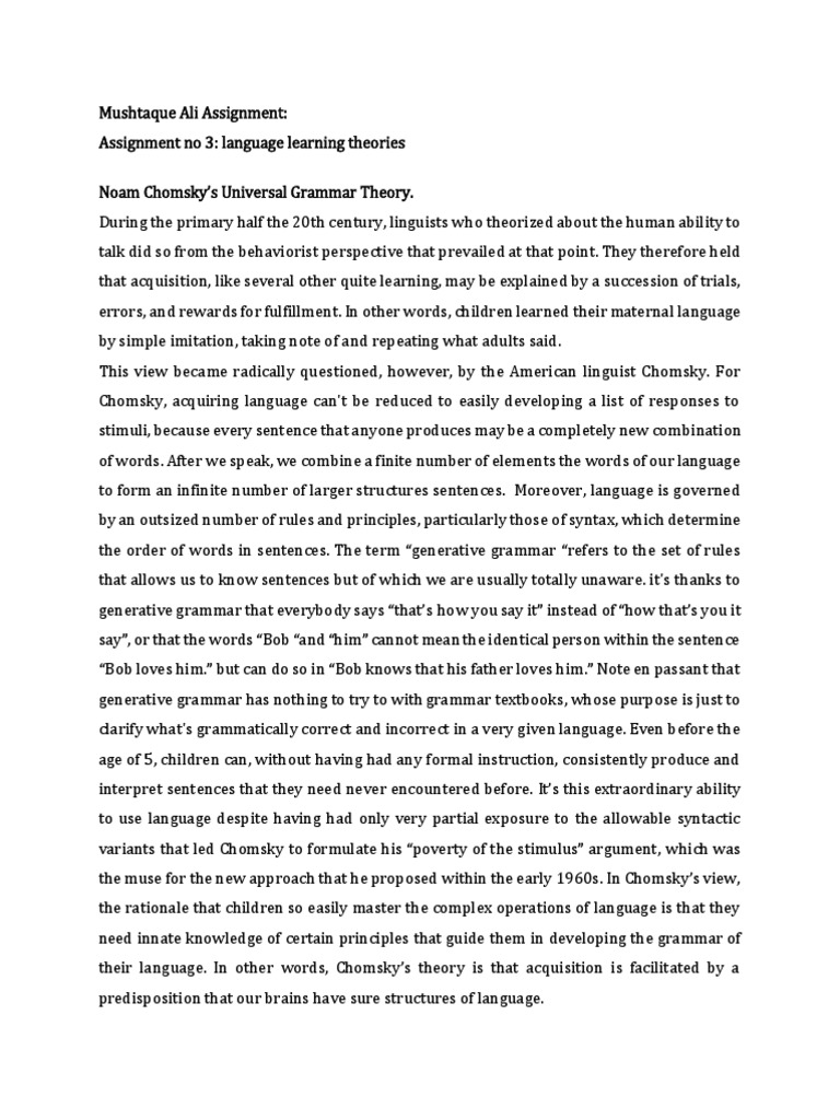 Universal Grammar Assignment | PDF | Language Acquisition | Noam Chomsky