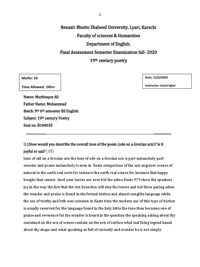 19th Century Poetry Exam Questions | PDF | Poetry