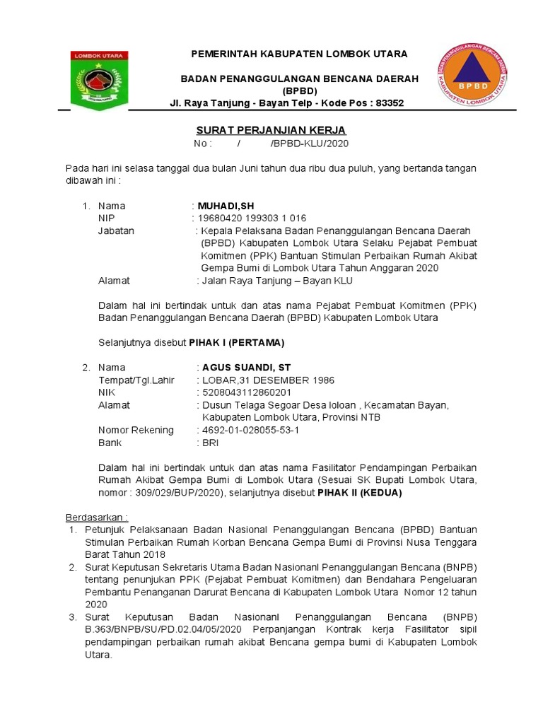 Surat Perjanjan Kerja Fasilitator BPBD Klu (Agus Suandi) | PDF