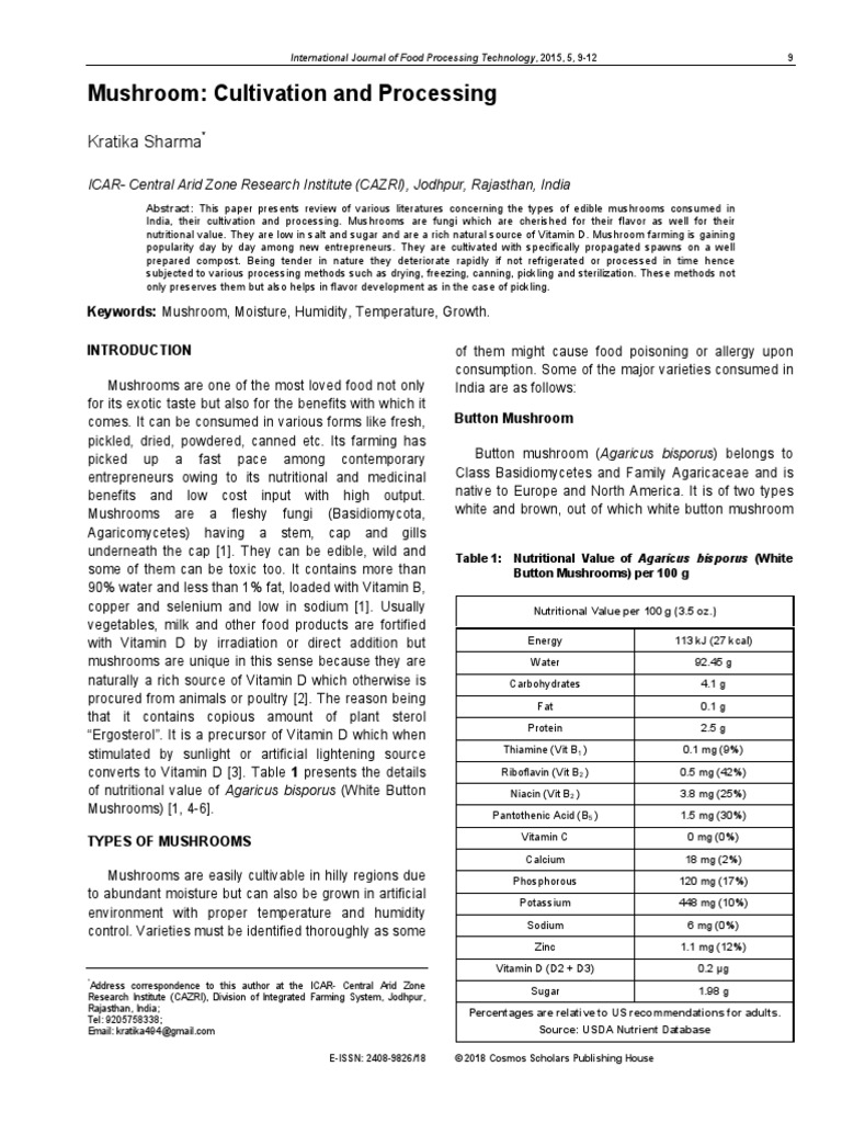 Mushroom: Cultivation and Processing: Kratika Sharma | PDF | Edible ...