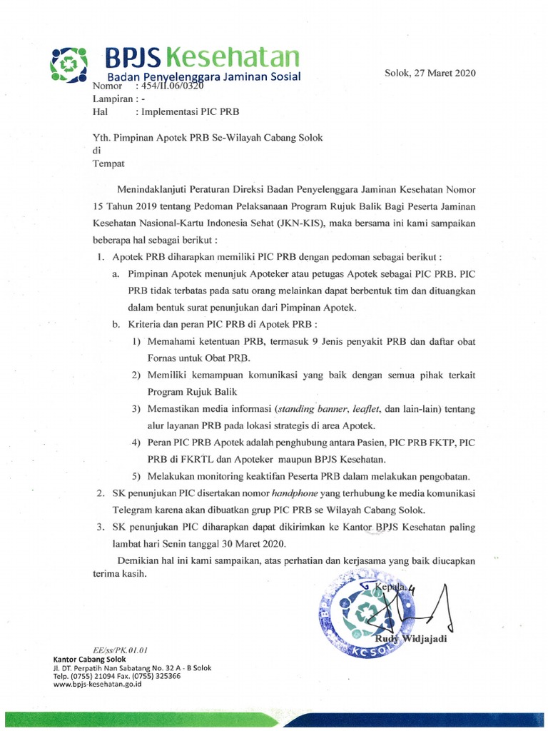 Surat Implementasi PRB Apotek PRB | PDF