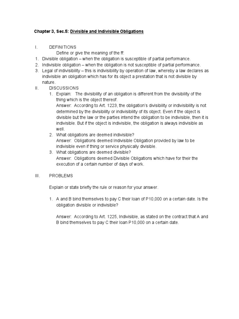 Chapter 3, Sec.5: Divisible and Indivisible Obligations | Download Free ...