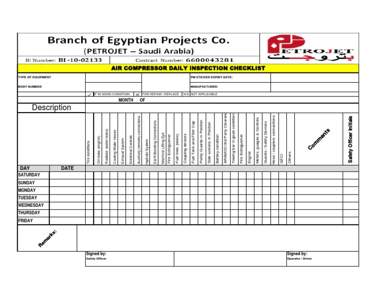Air Compressor Checklist | PDF | Mechanical Engineering | Manufactured ...