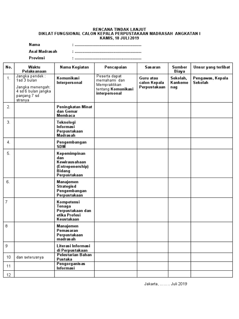 Contoh FORMAT RENCANA TINDAK LANJUT | PDF