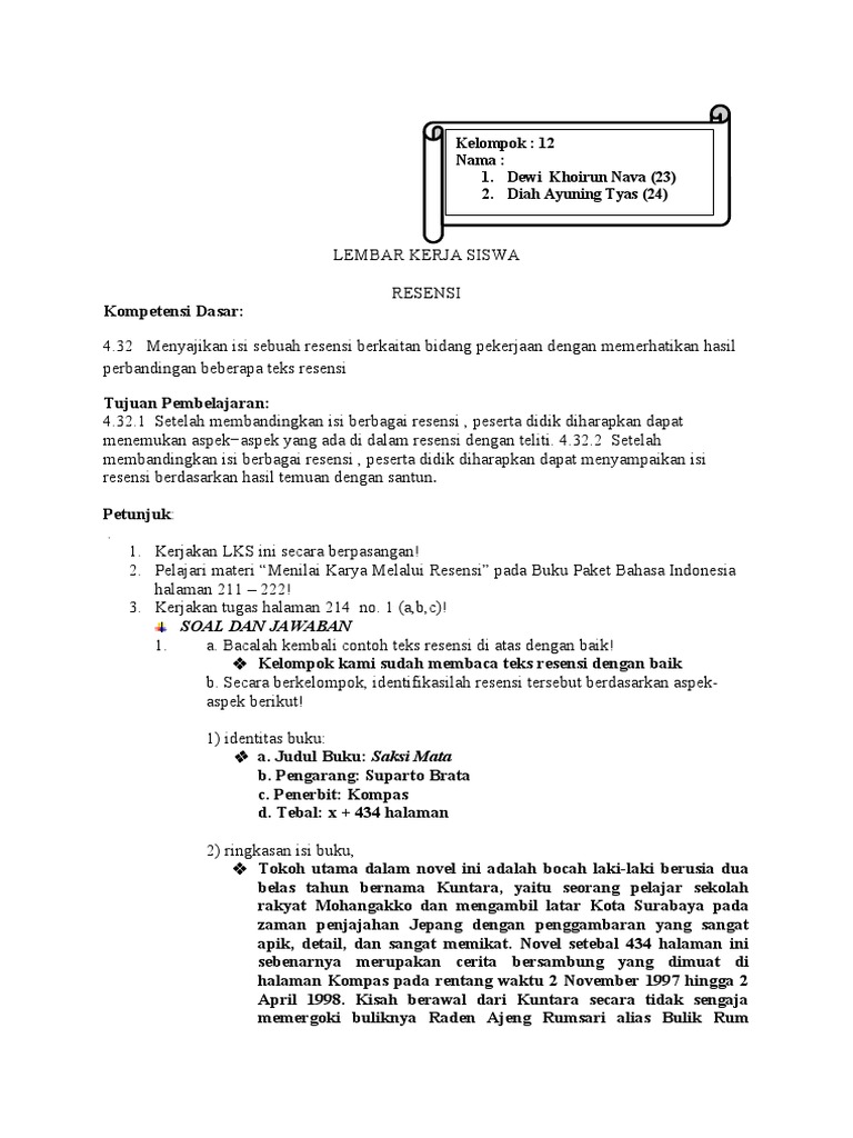 Lks Resensi. Berkelompok - Dewi Khoirun Nava (23), Diah Ayuning Tyas | PDF
