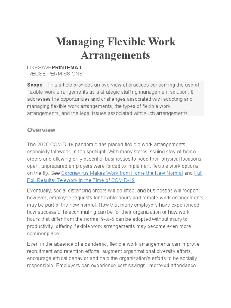 Managing Flexible Work Arrangements | PDF | Telecommuting | Overtime