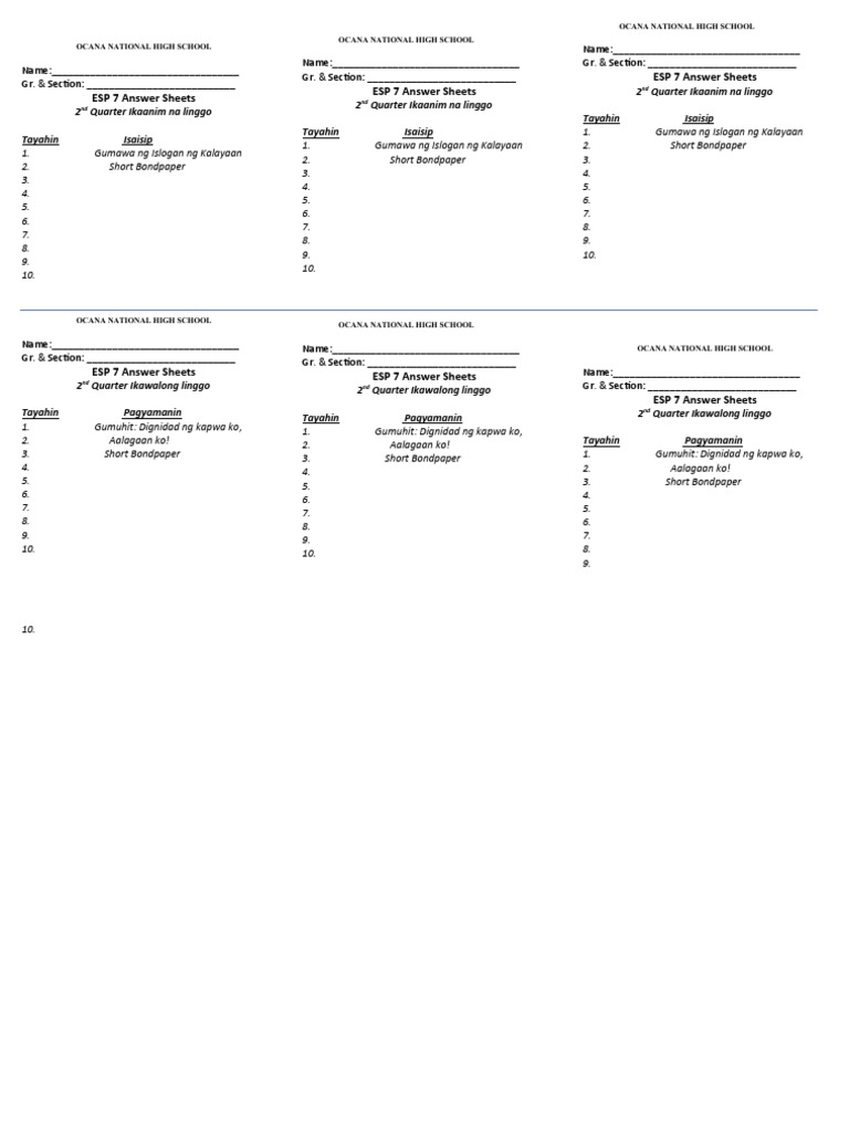 ESP 7 Answer Sheets ESP 7 Answer Sheets ESP 7 Answer Sheets: Ocana ...