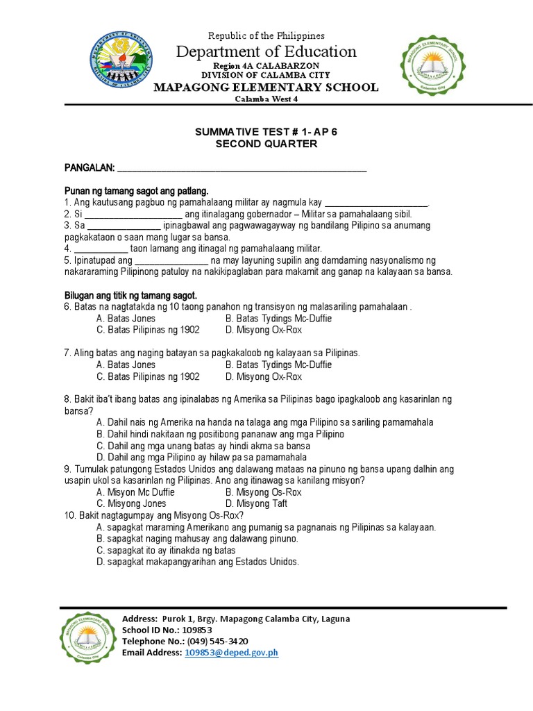 2ND Quarter AP 6 Summative 1 | PDF