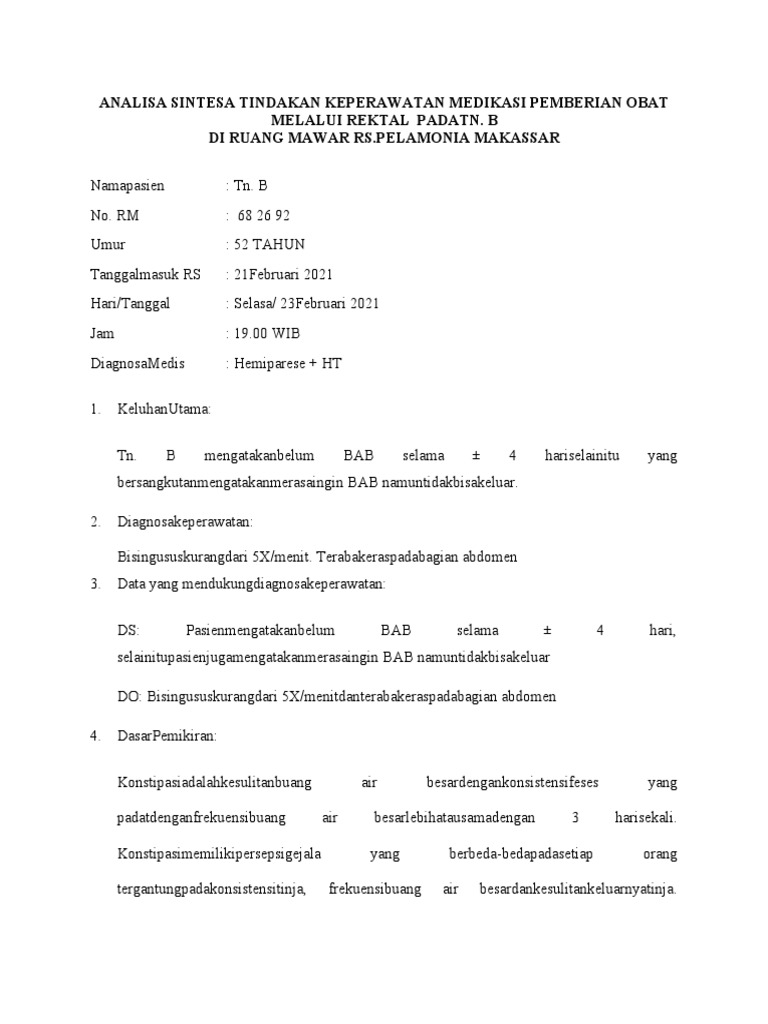 MENGATASI KONSTIPASI DENGAN PEMBERIAN OBAT SUPPOSITORIA SECARA REKTAL | PDF