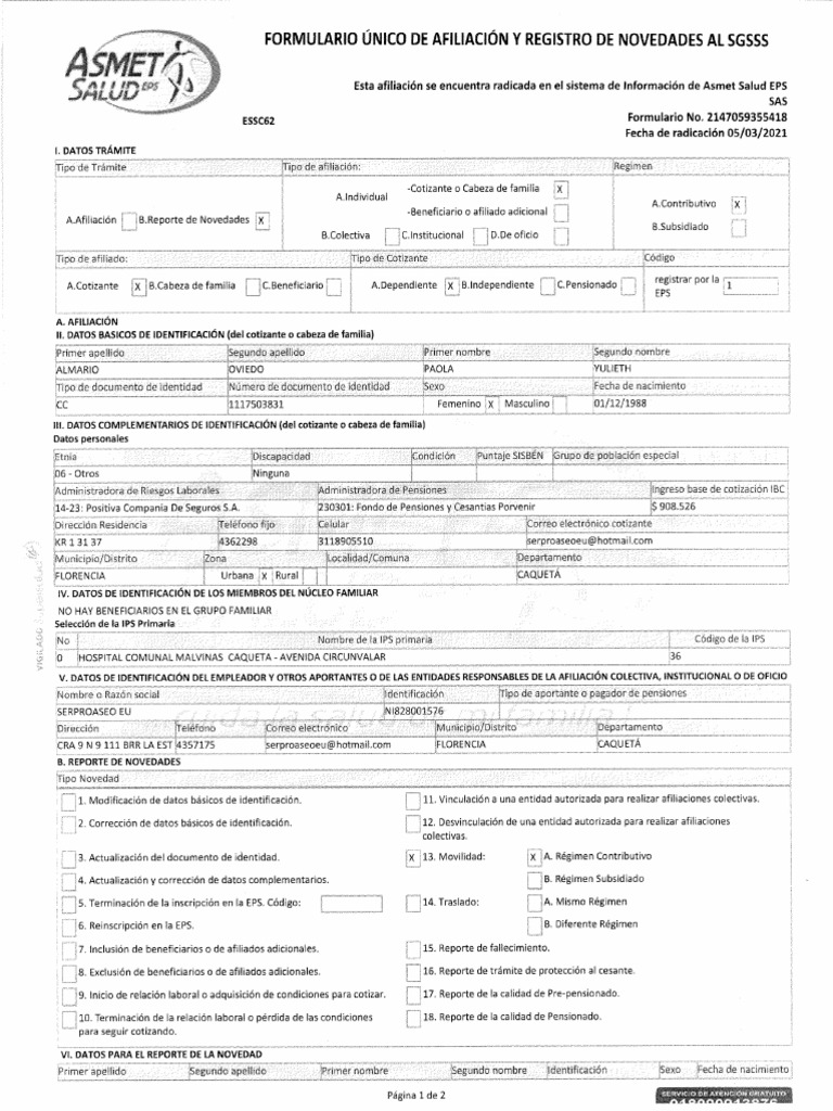 Formulario de Afiliacion Asmet Salud Paola Yulieth Almario | PDF