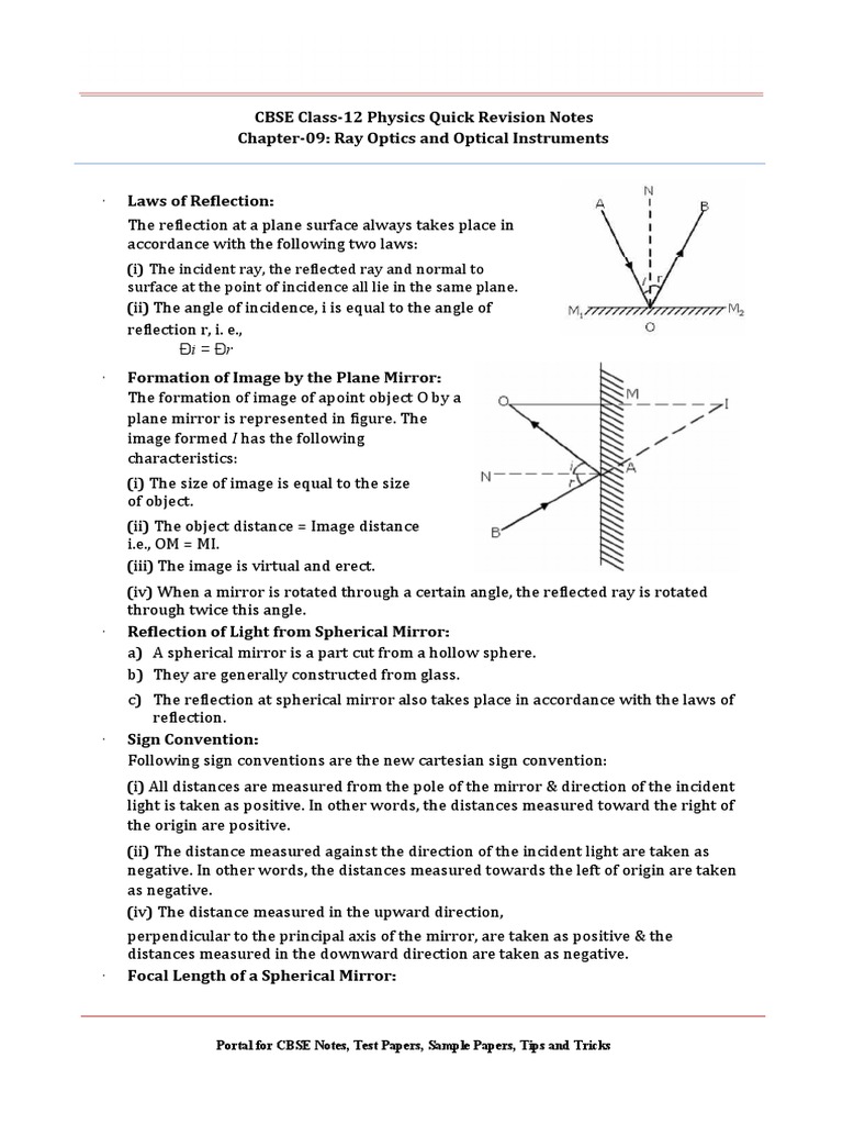 CBSE Class-12 Physics Quick Revision Notes Chapter-09: Ray Optics and ...