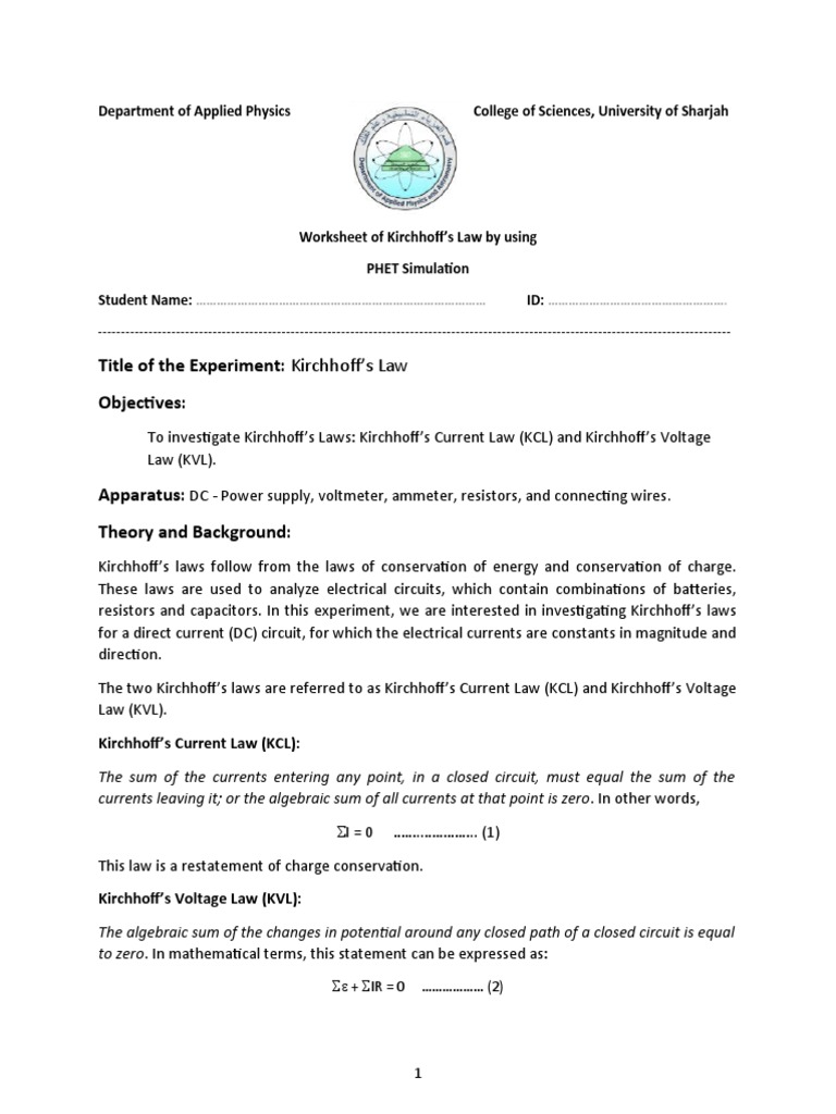 PHET Simulation: Kirchhoff’s Laws Worksheet | PDF | Voltage ...