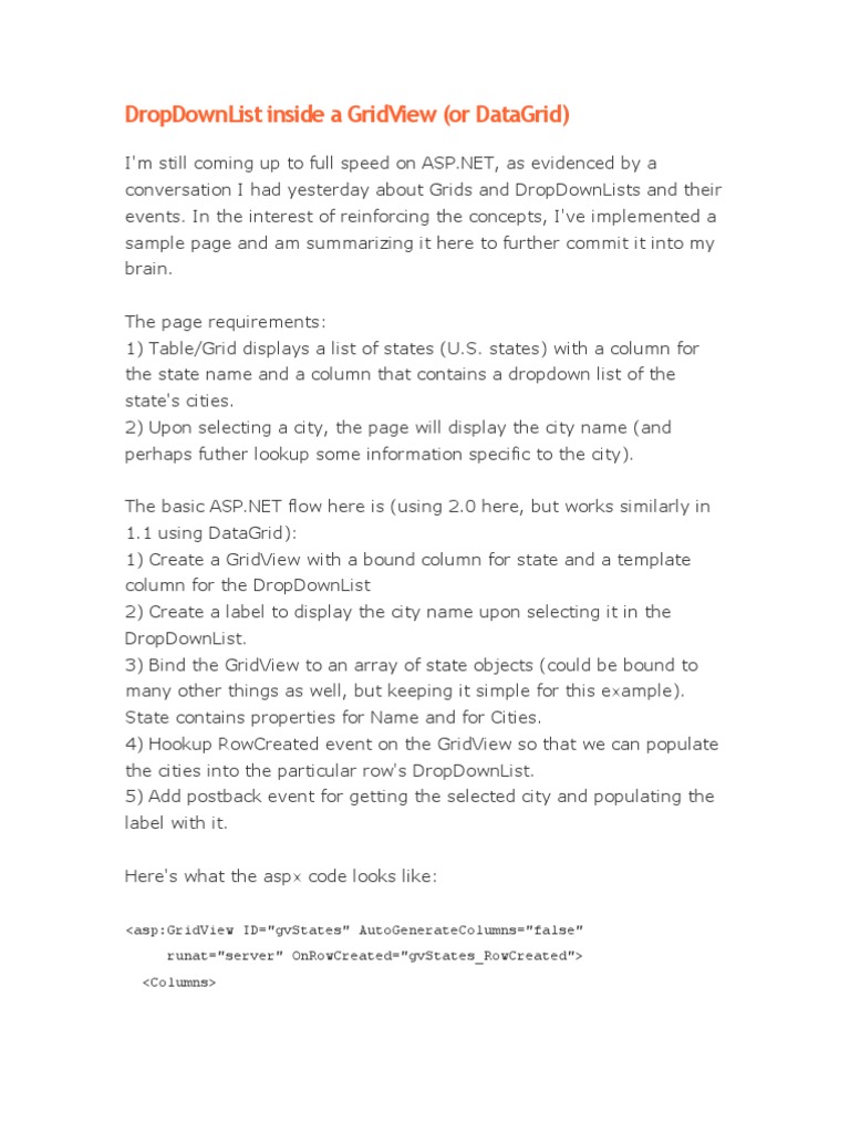 Dropdownlist Inside A Gridview Pdf Active Server Pages Software