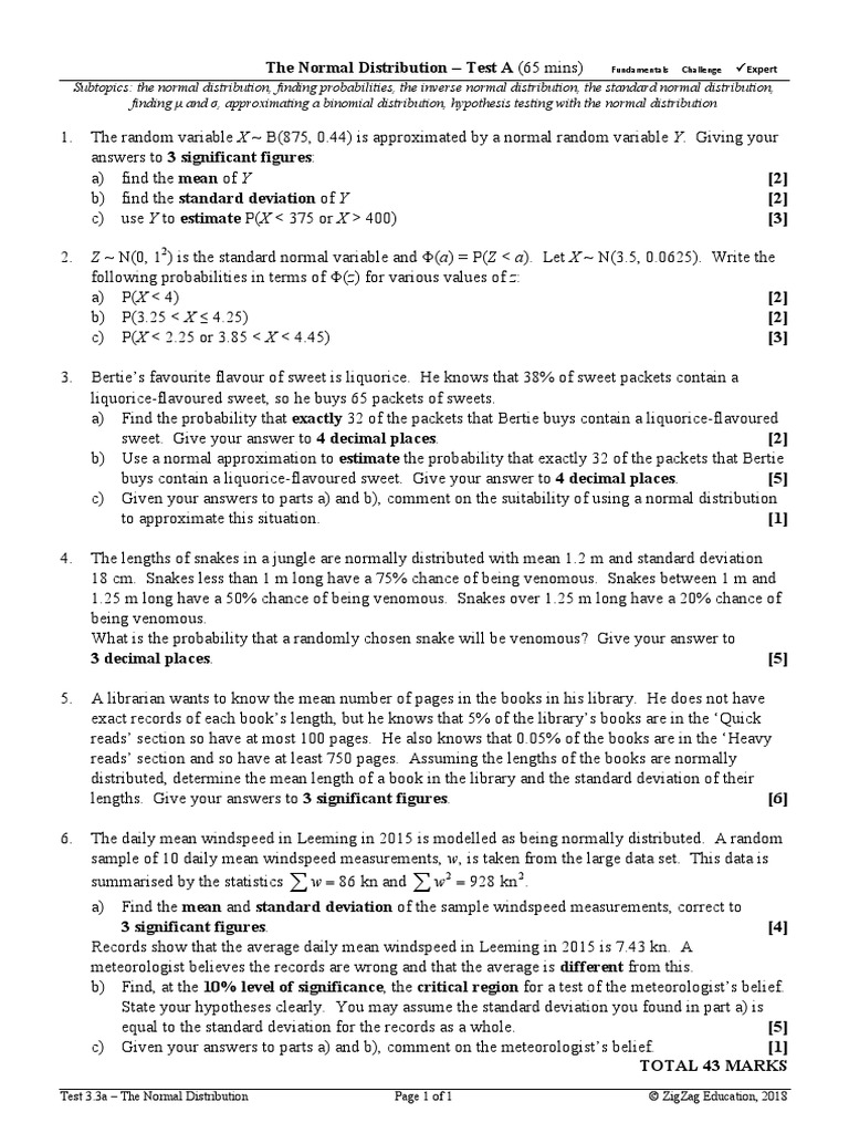 The Normal Distribution Test 3.3a | PDF | Normal Distribution | Mean