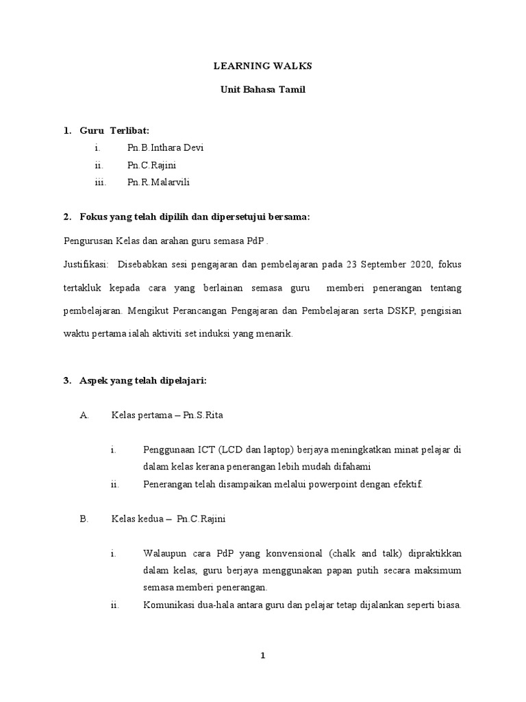 Contoh Pelaporan Learning Walk | PDF