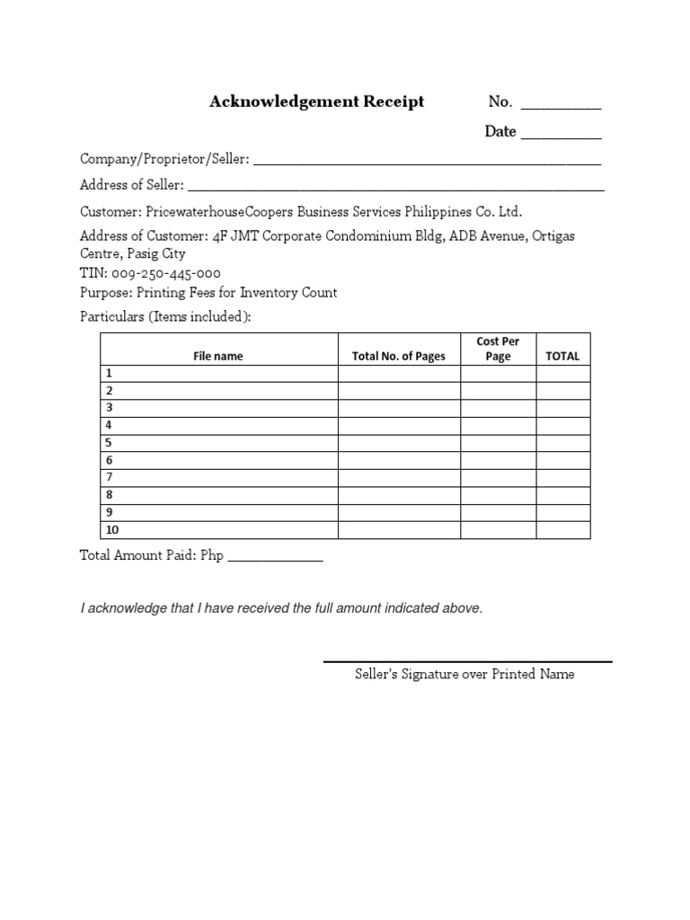 Acknowledgement Receipt for Printing Fees | PDF | Business | Finance ...
