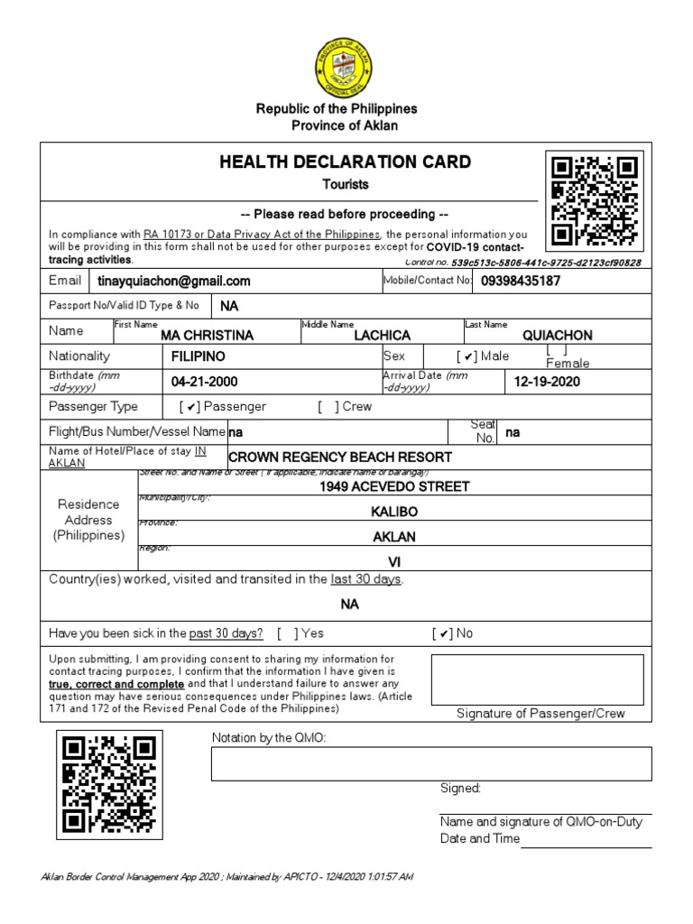 Health Declaration Card: Republic of The Philippines Province of Aklan ...